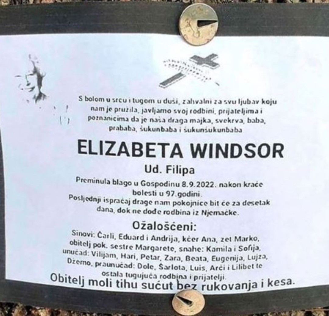 U Imotskom osvanula osmrtnica kraljici Elizabeti: "Molimo sućut bez ...